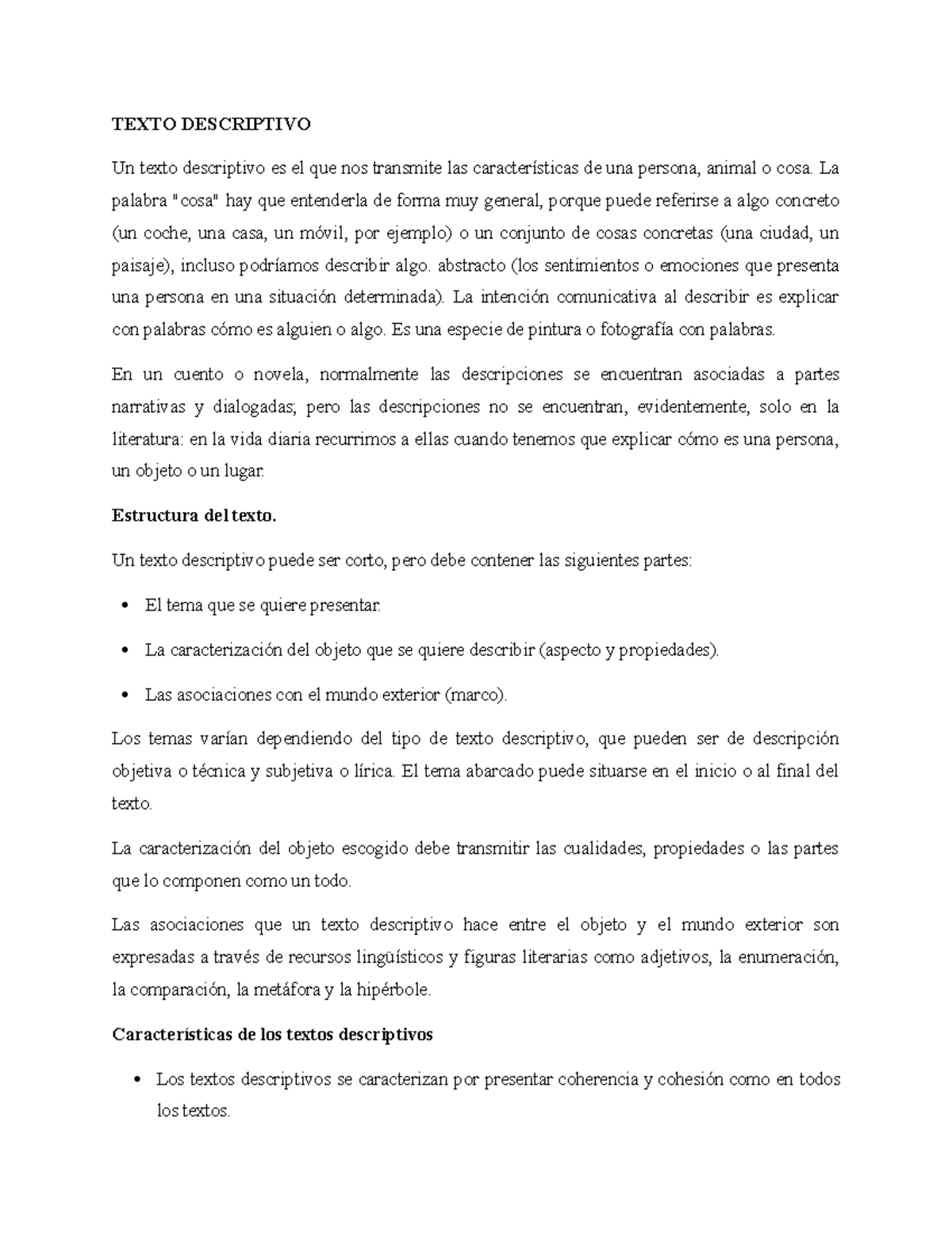 TEXTO DESCRIPTIVO: Características y Estructura de la Descripción - Studocu
