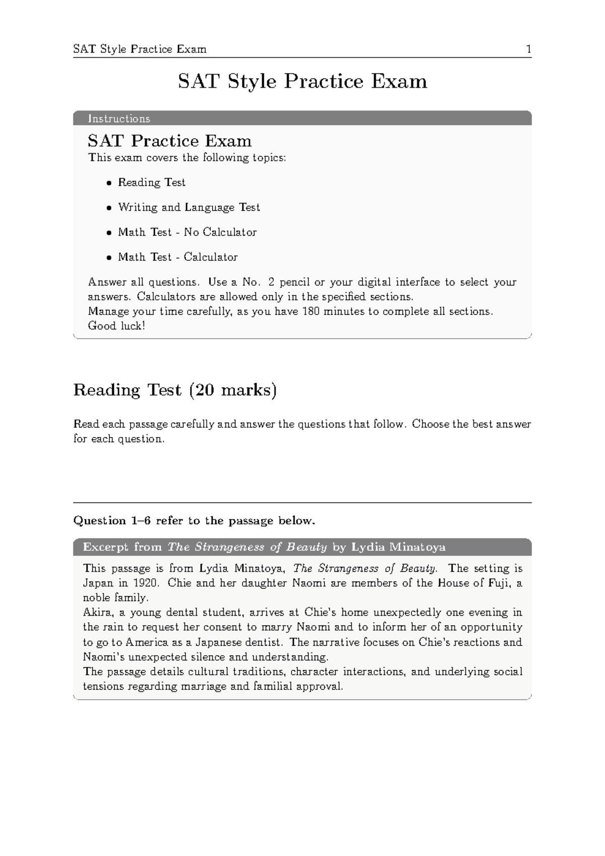 SAT Practice Exam 1: Comprehensive Test Overview and Instructions - Studocu