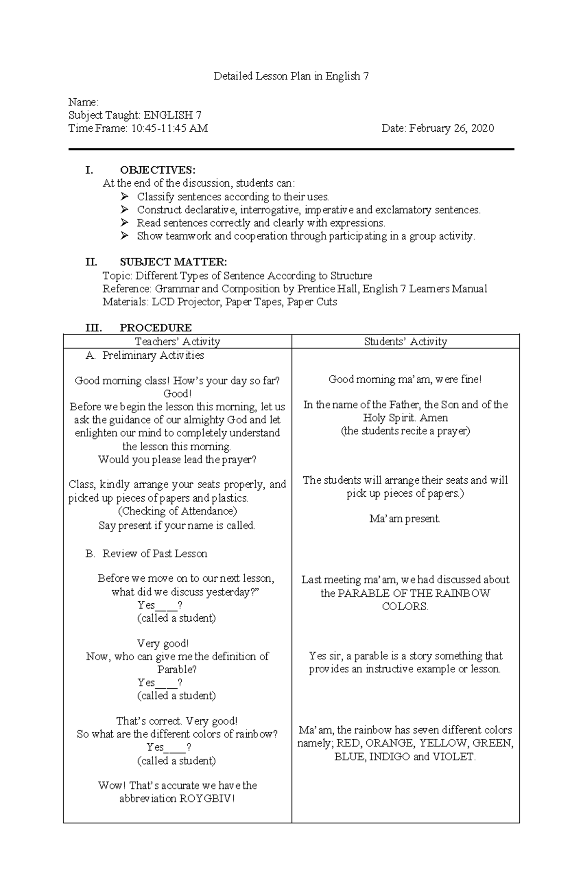 Detailed Lesson Plan: Types of Sentences for English 7 - Studocu