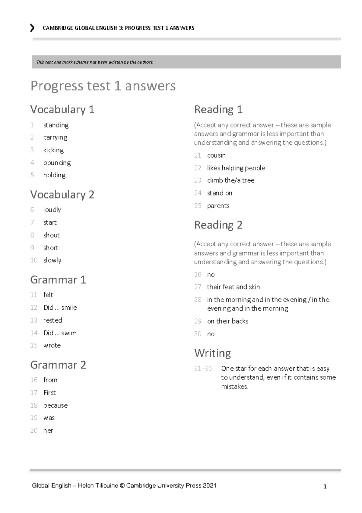 CAMBRIDGE GLOBAL ENGLISH 3: TEST ANSWERS FOR PROGRESS & UNIT TESTS ...