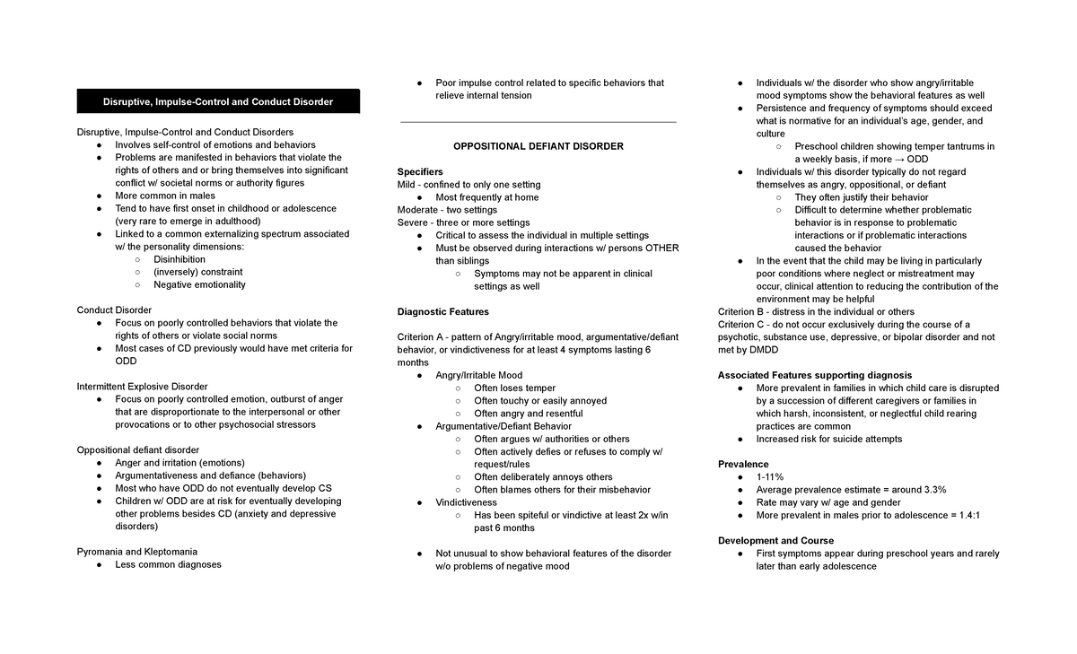 AB PSYCH Reviewer: Disruptive and Conduct Disorders Overview - Studocu