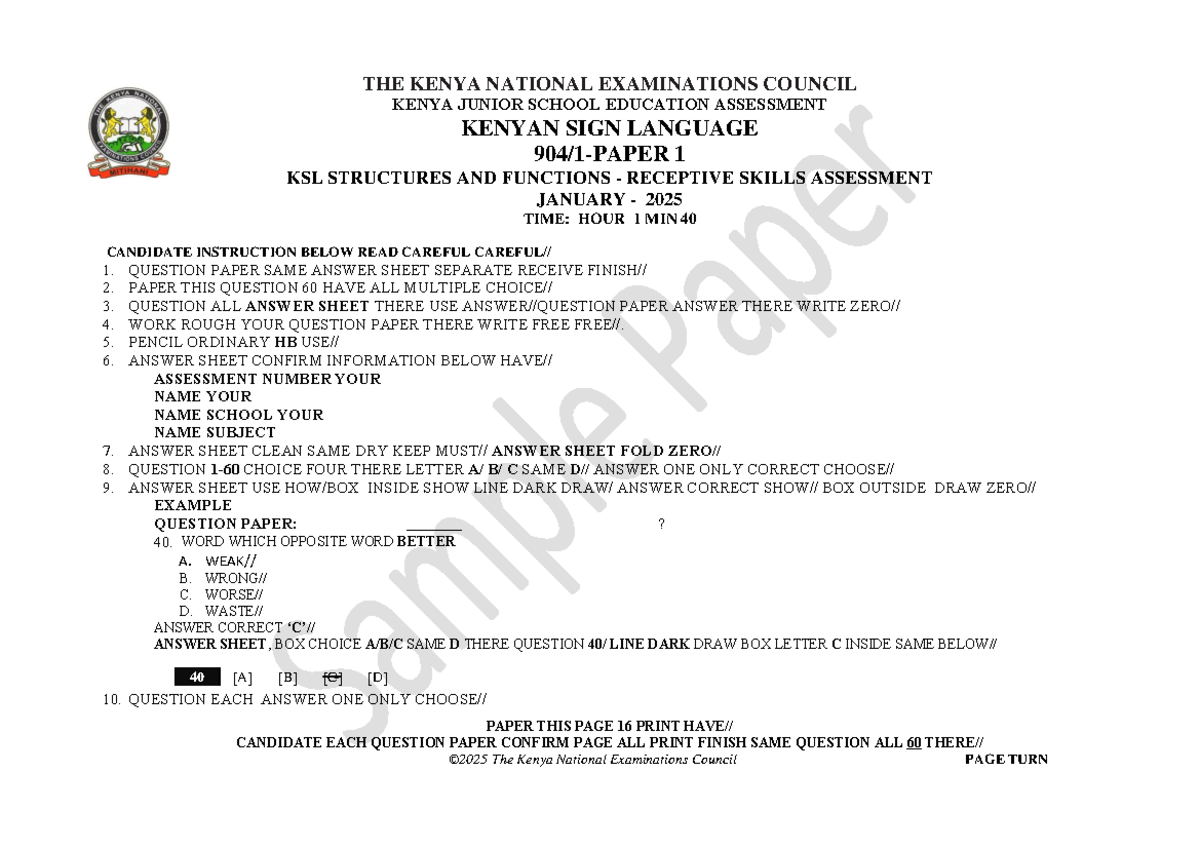 KSL 904/1 - Kenyan Sign Language Paper 1 Receptive Skills Assessment ...
