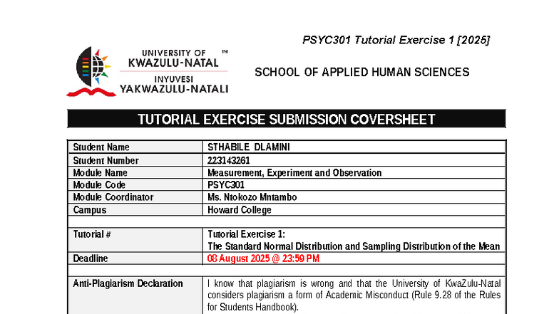 PSYC301 Tutorial Exercise 1: Standard Normal & Sampling Distributions ...