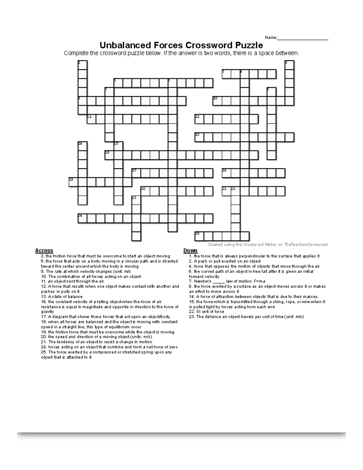 Unbalanced Forces Crossword Puzzle (Physics 101) - Studocu