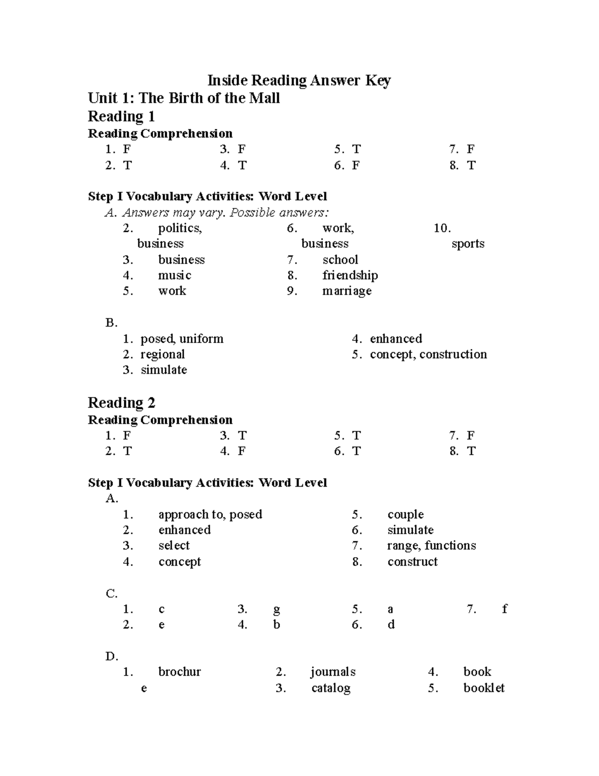 Inside Reading Answer Key - F 2. T 3. F 4. T 5. T 6. F 7. F 8. T Step I ...