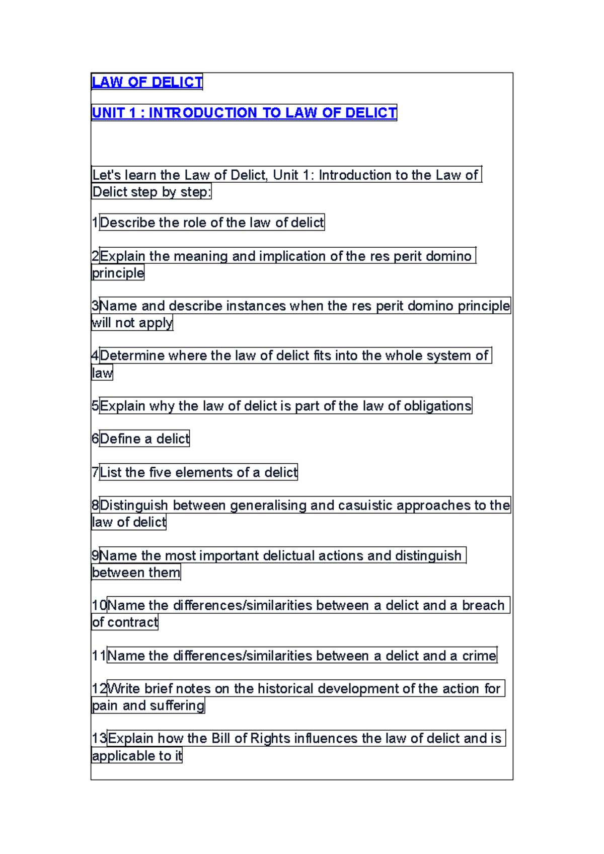LAW OF DELICT (LAW101) UNIT 1: INTRODUCTION & KEY CONCEPTS - Studocu