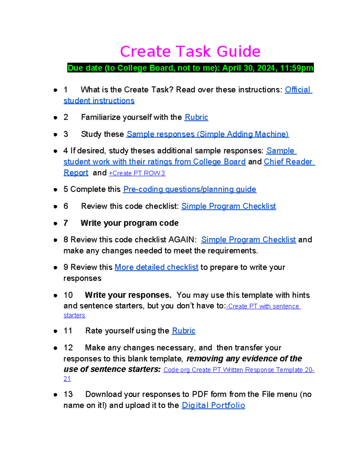 Create Task Guide 2024 - Create Task Guide Due date (to College Board ...