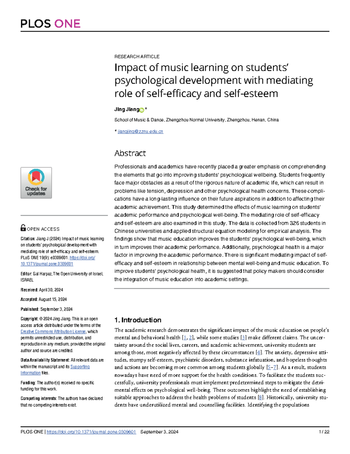 PLOS ONE RESEARCH ARTICLE: Music Learning's Impact on Students ...