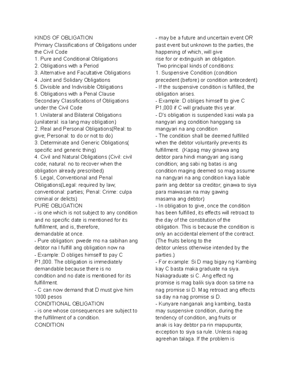 Rev - review abt obligations - KINDS OF OBLIGATION Primary ...