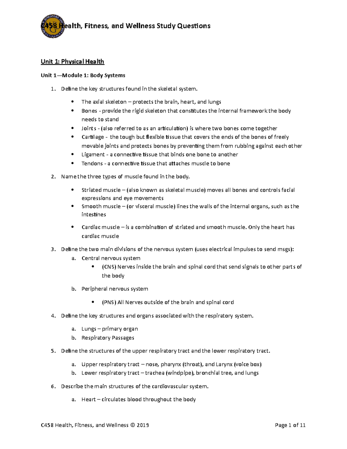 C458 study questions - Unit 1: Physical Health Unit 1—Module 1: Body ...