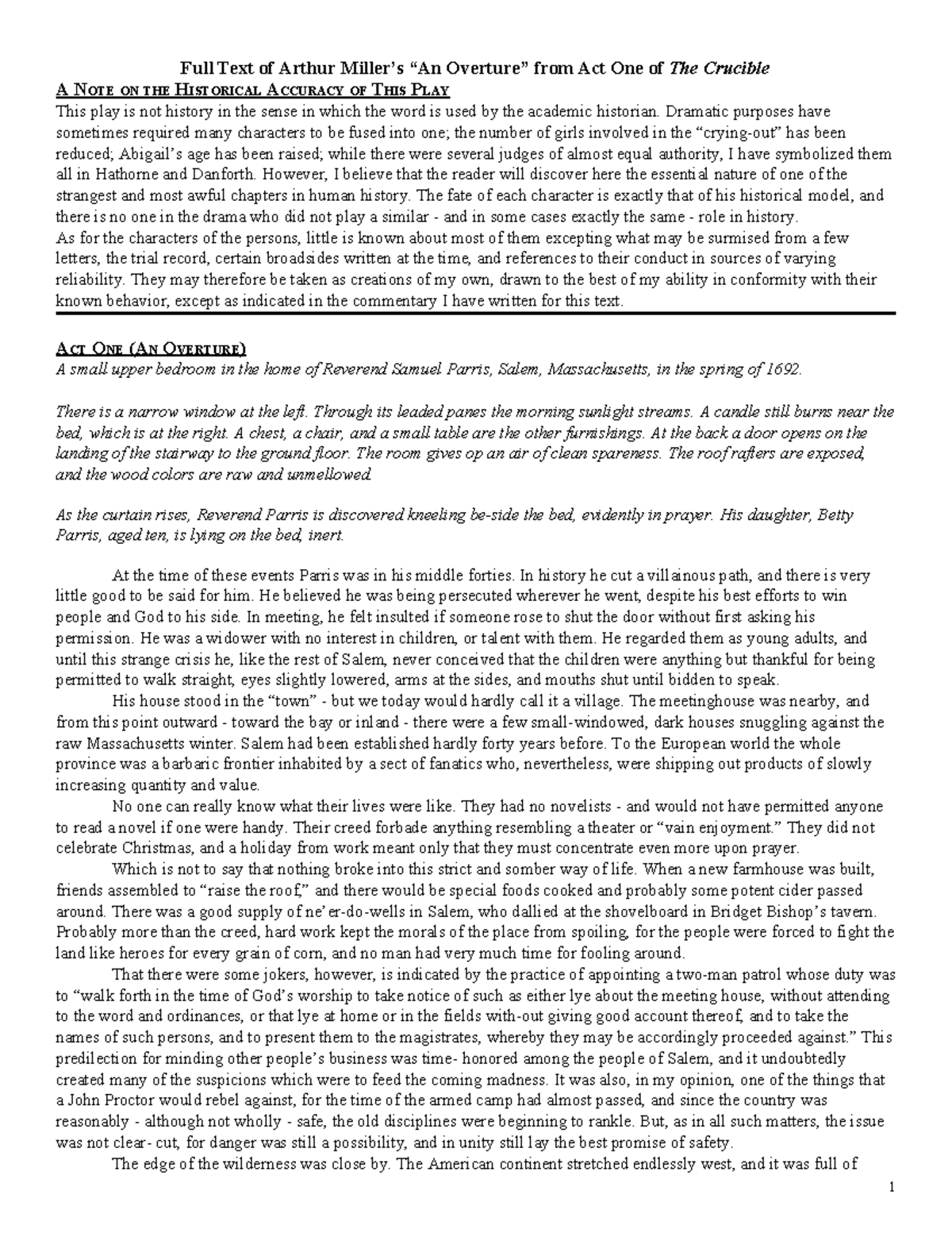 The Crucible [20IQUGS]: Full Text of Act One's Overture - Studocu