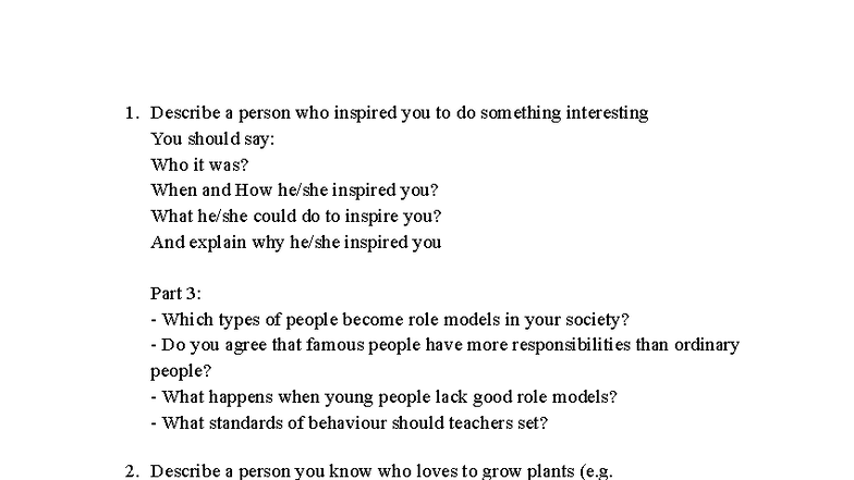 Speaking Part 2 & 3 - IELTS: Inspiring People and Habits - Studocu