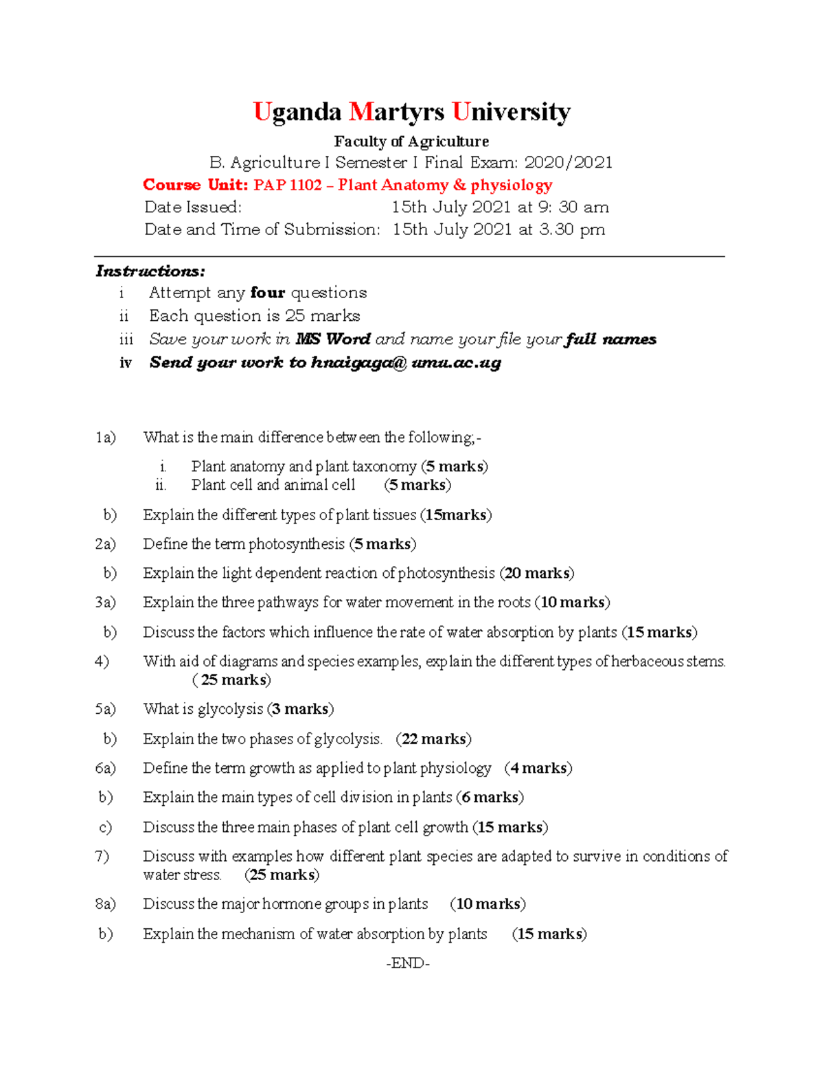 PAP 1102 Plant Anatomy & Physiology Final Exam Questions - Studocu
