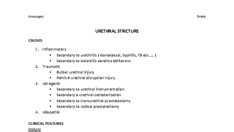 Urology URETHRAL STRICTURE CAUSES & CLINICAL FEATURES - Studocu
