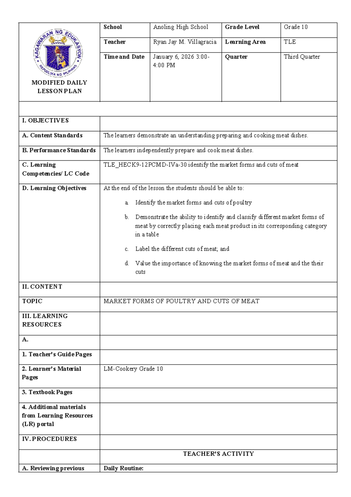 Grade 10 TLE Lesson Plan: Market Forms & Cuts of Meat - Studocu