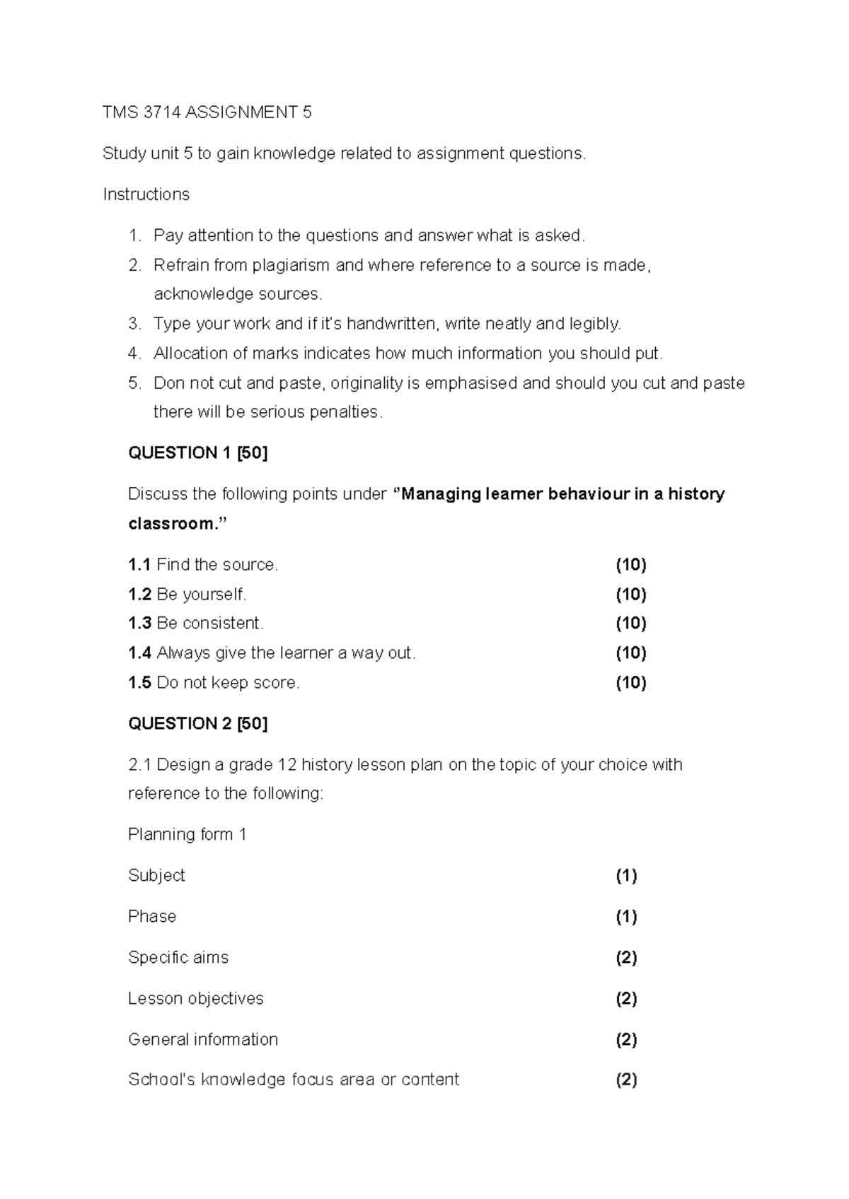 TMS 3714 Assignment 5: Managing Learner Behavior & Lesson Planning ...