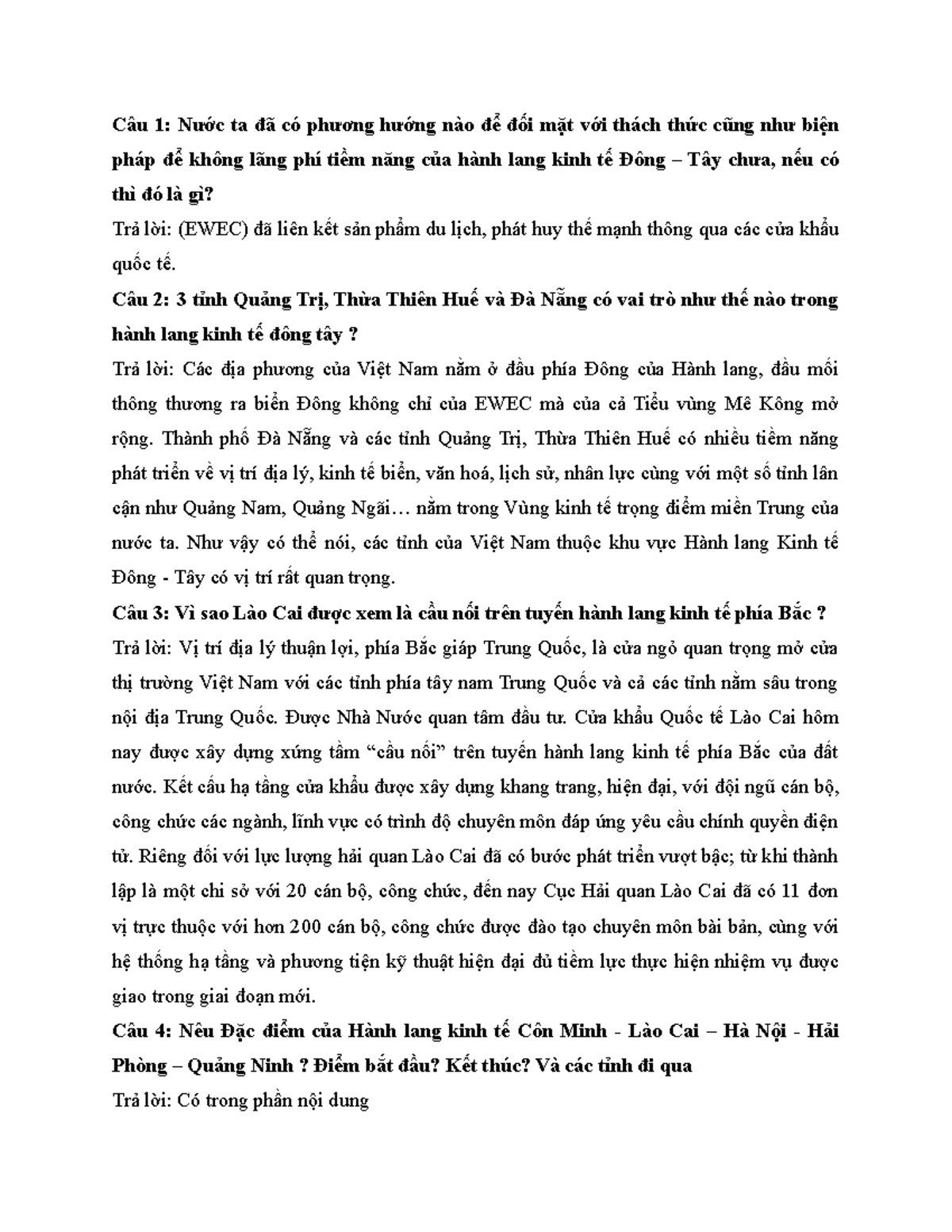 Câu Hỏi & Trả Lời về Hành Lang Kinh Tế Đông - Tây (DLVT - NBVG) - Studocu
