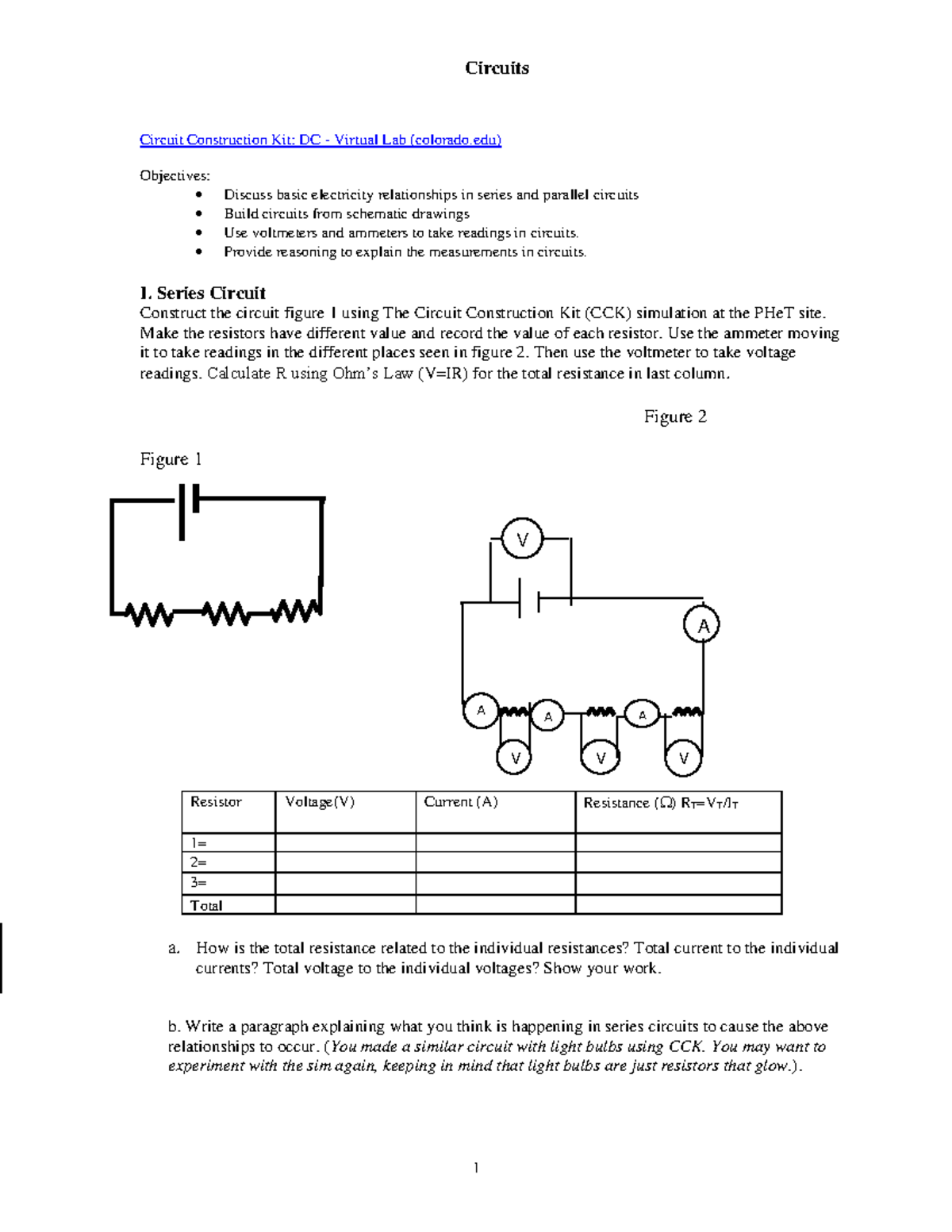 Circuits Lab: Series & Parallel Analysis (PHET Simulation) - Studocu