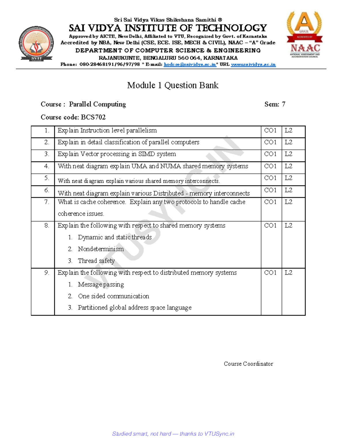SVIT BCS702 Parallel Computing Question Bank - Sem 7 - Studocu