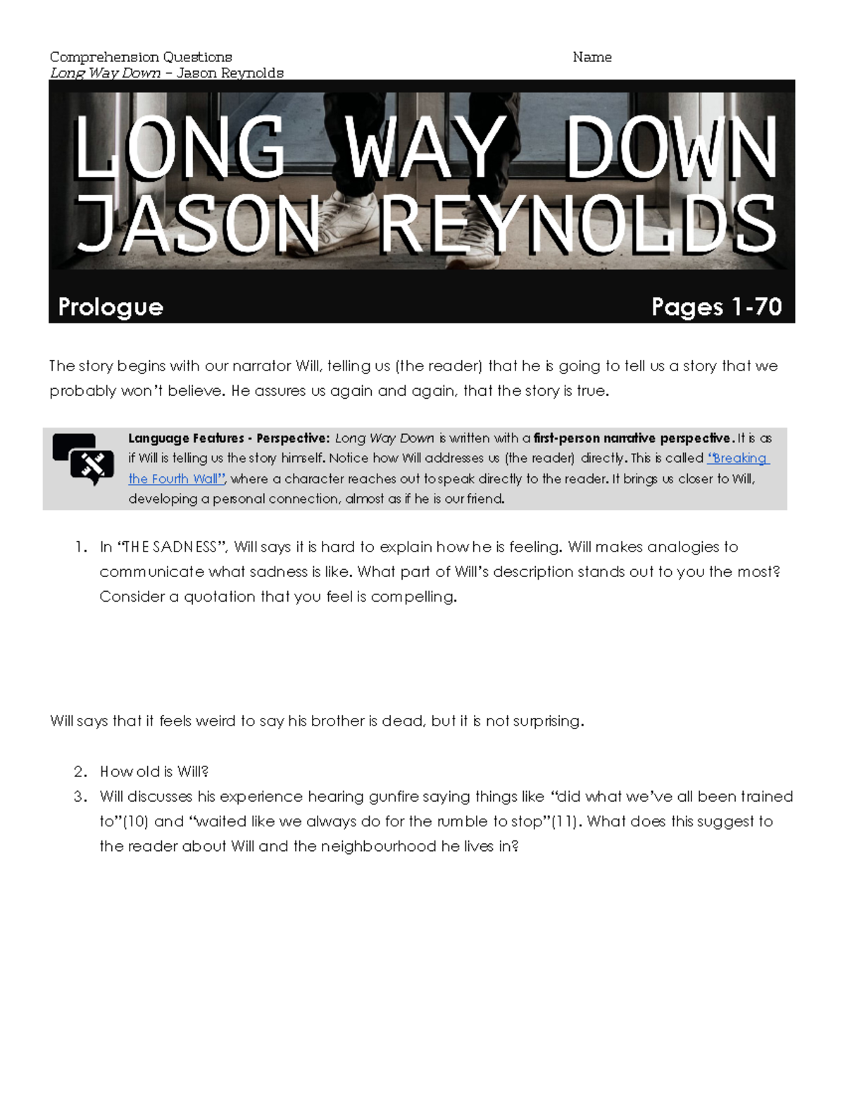 Long Way Down (1) - Prologue Comprehension Questions and Analysis - Studocu