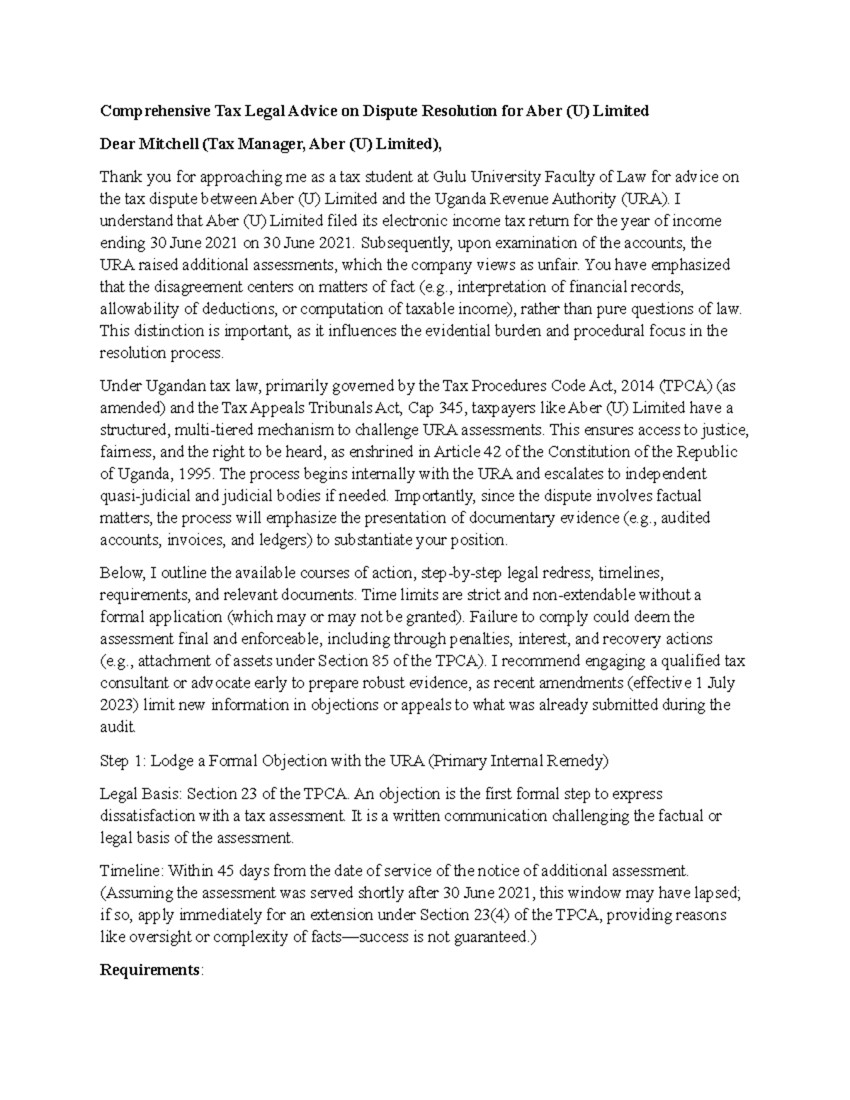 Tax Dispute Resolution Strategies for Aber (U) Limited: A Guide - Studocu