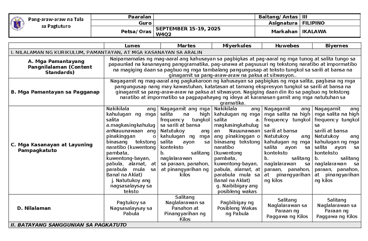 Newformat Filipino 3 WEEK 4 Lesson Exemplar and Curriculum Guide - Studocu