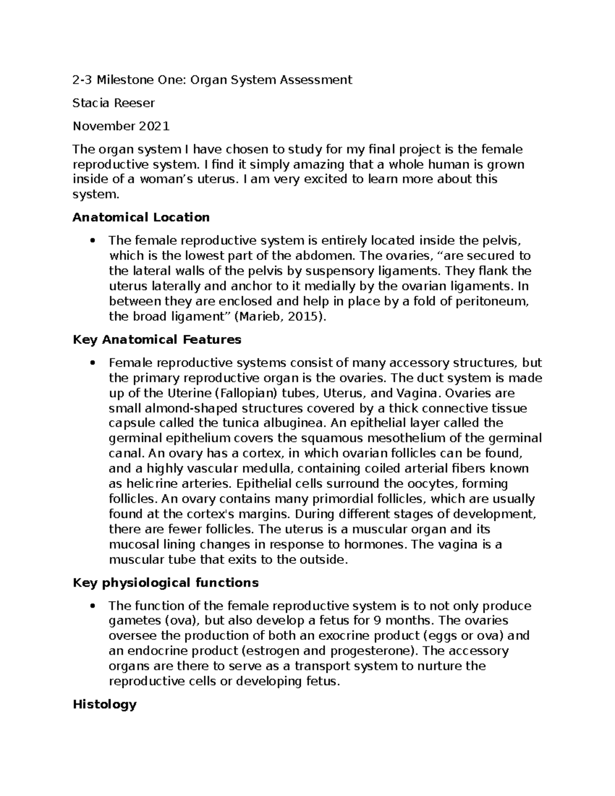 2-3 Milestone One: Female Reproductive System Assessment - Studocu