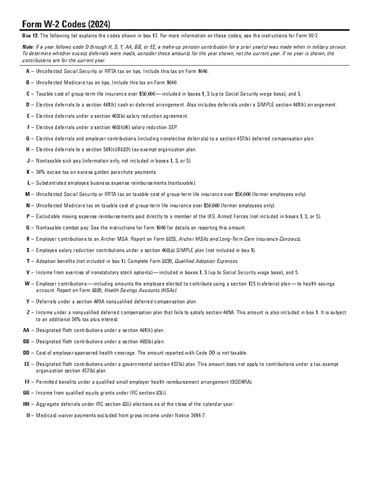Form W-2 Codes Explanation (2024) Box 12 Details - Studocu