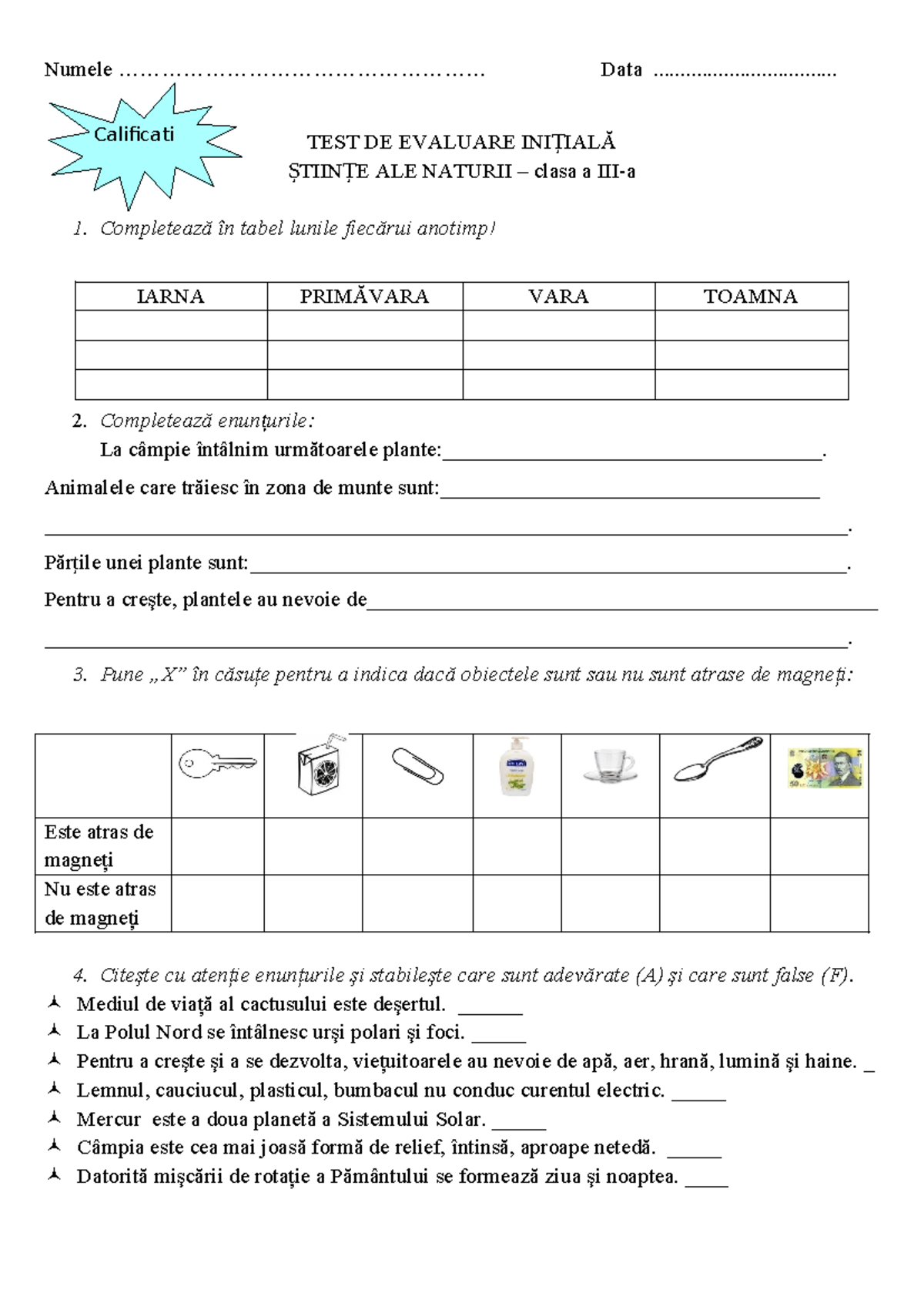 Test de Evaluare Inițială - Clasa a III-a - Științe ale Naturii - Studocu