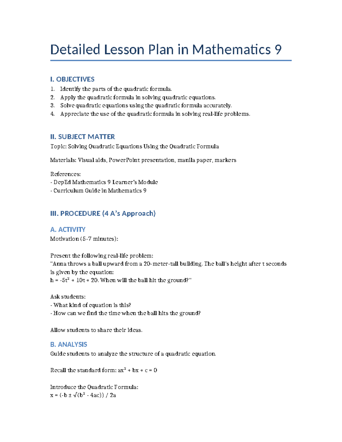 Math9 Detailed Lesson Plan: Solving Quadratic Equations - Studocu
