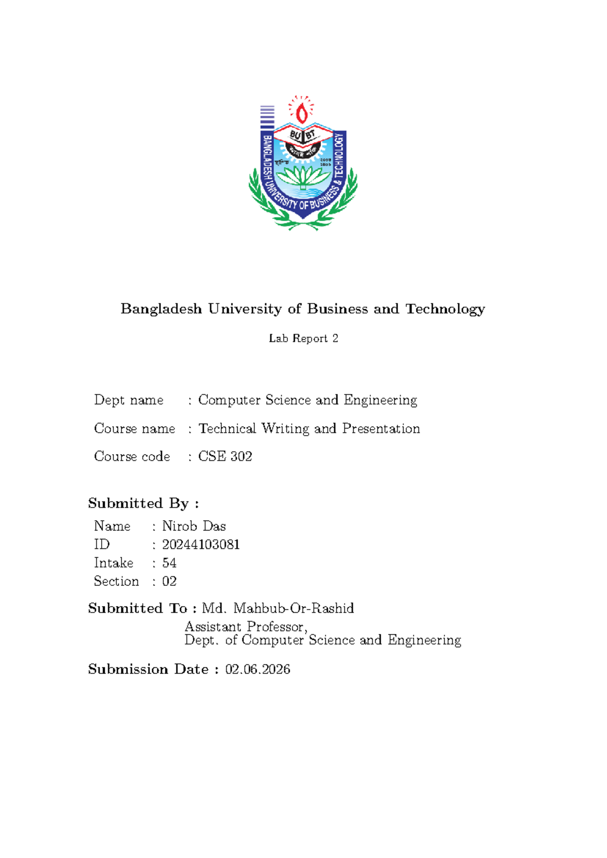 Lab report 1 - for students of bubt - Database Systems & Lab ...