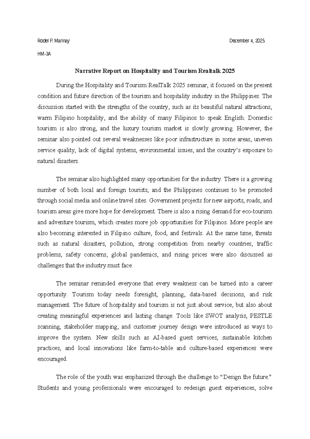 Narrative Report on Hospitality & Tourism Realtalk 2025 - Studocu