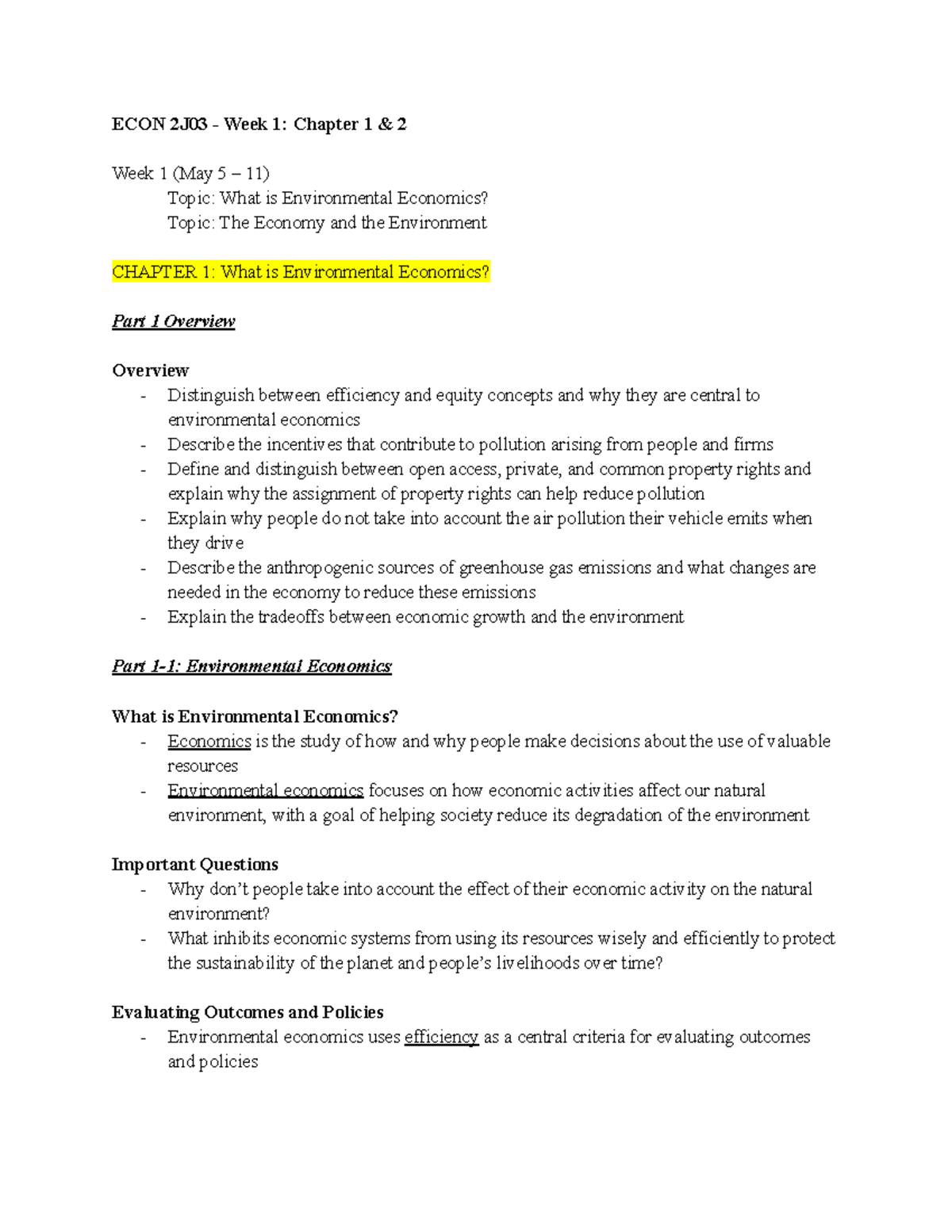 ECON 2J03 - Week 1: Introduction to Environmental Economics - Studocu