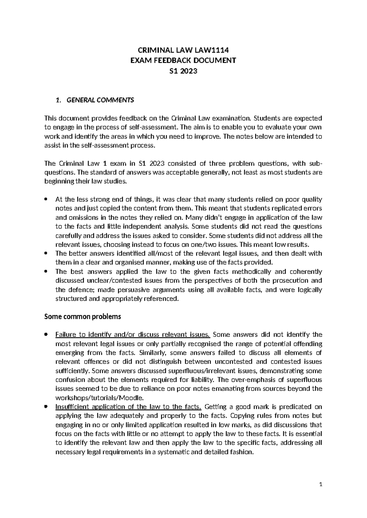 Criminal Law 1 Exam Feedback Guide S1 2023: Key Insights and ...