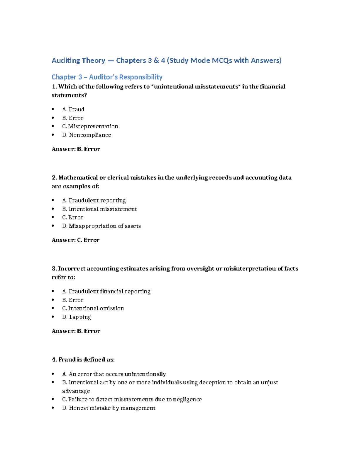Auditing Theory MCQs with Answers: Chapters 3 & 4 (Study Mode) - Studocu
