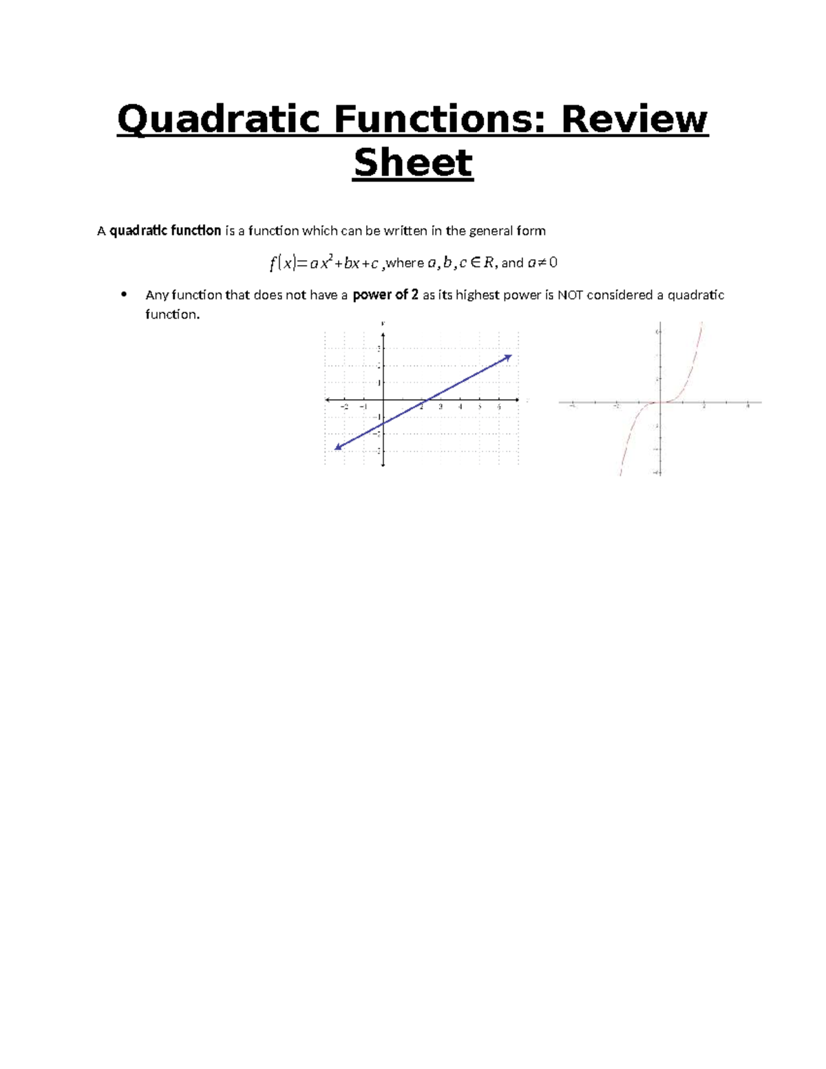 Quadratic Functions: Review Sheet for Math 101 - Studocu