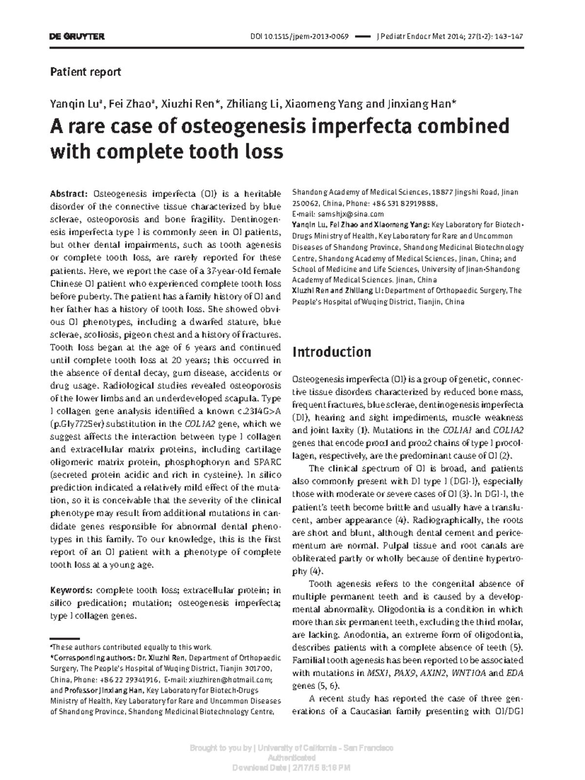 Osteogenesis Imperfecta Case Study: Complete Tooth Loss Phenotype - Studocu