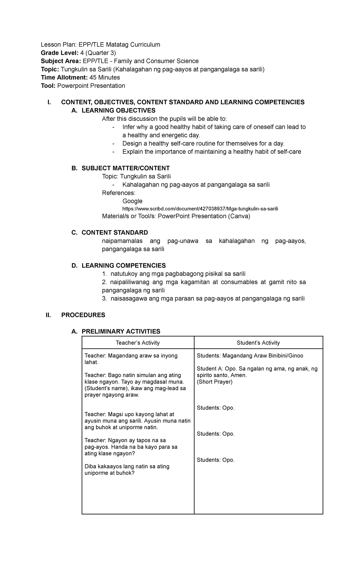 Lesson Plan EPP/TLE: Self-Care Importance for Grade 4 Students - Studocu
