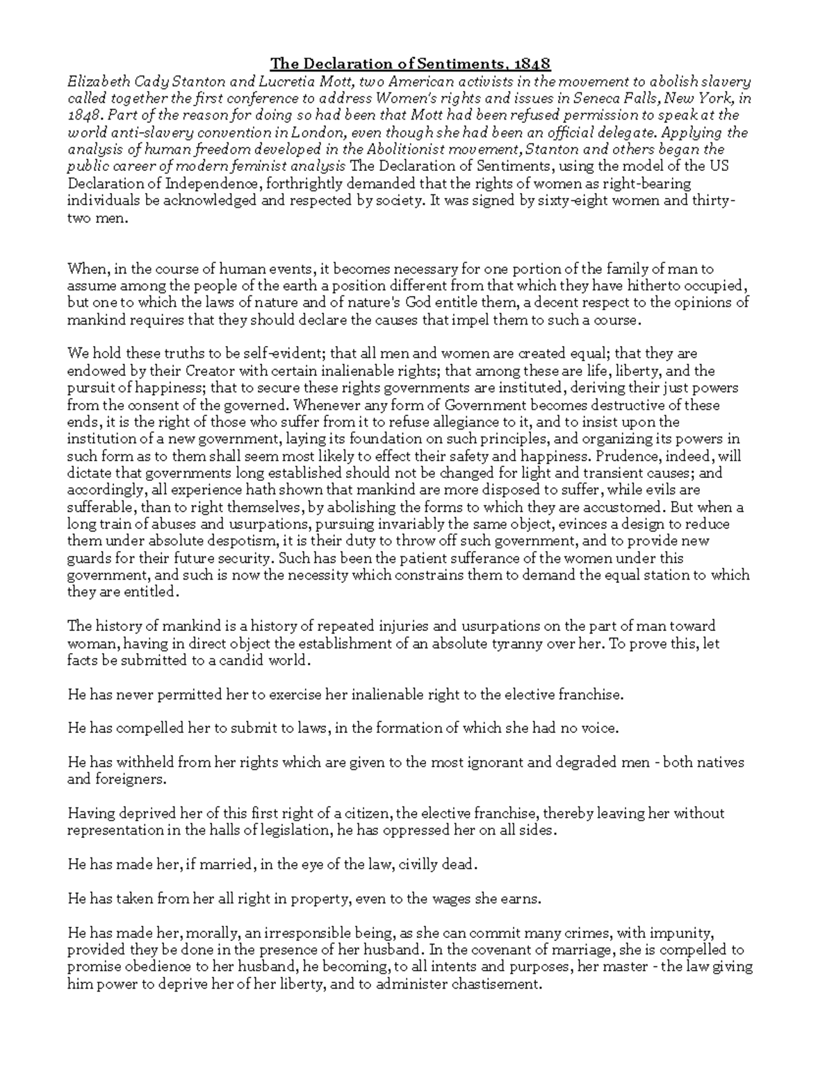 The Declaration of Sentiments: A Feminist Call for Equality (1848 ...