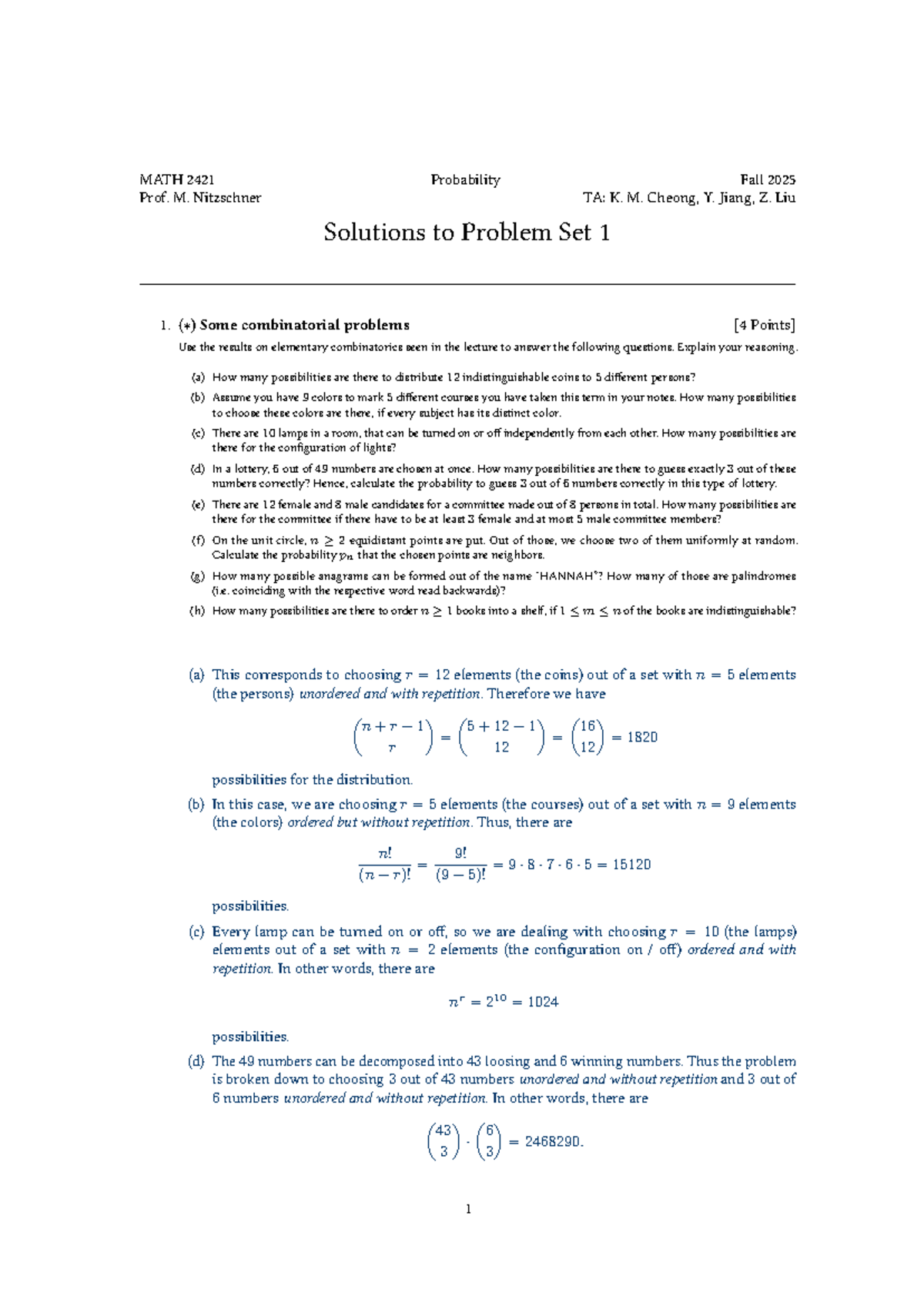 MATH 2421 Probability Problem Set 1 Solutions - Fall 2025 - Studocu