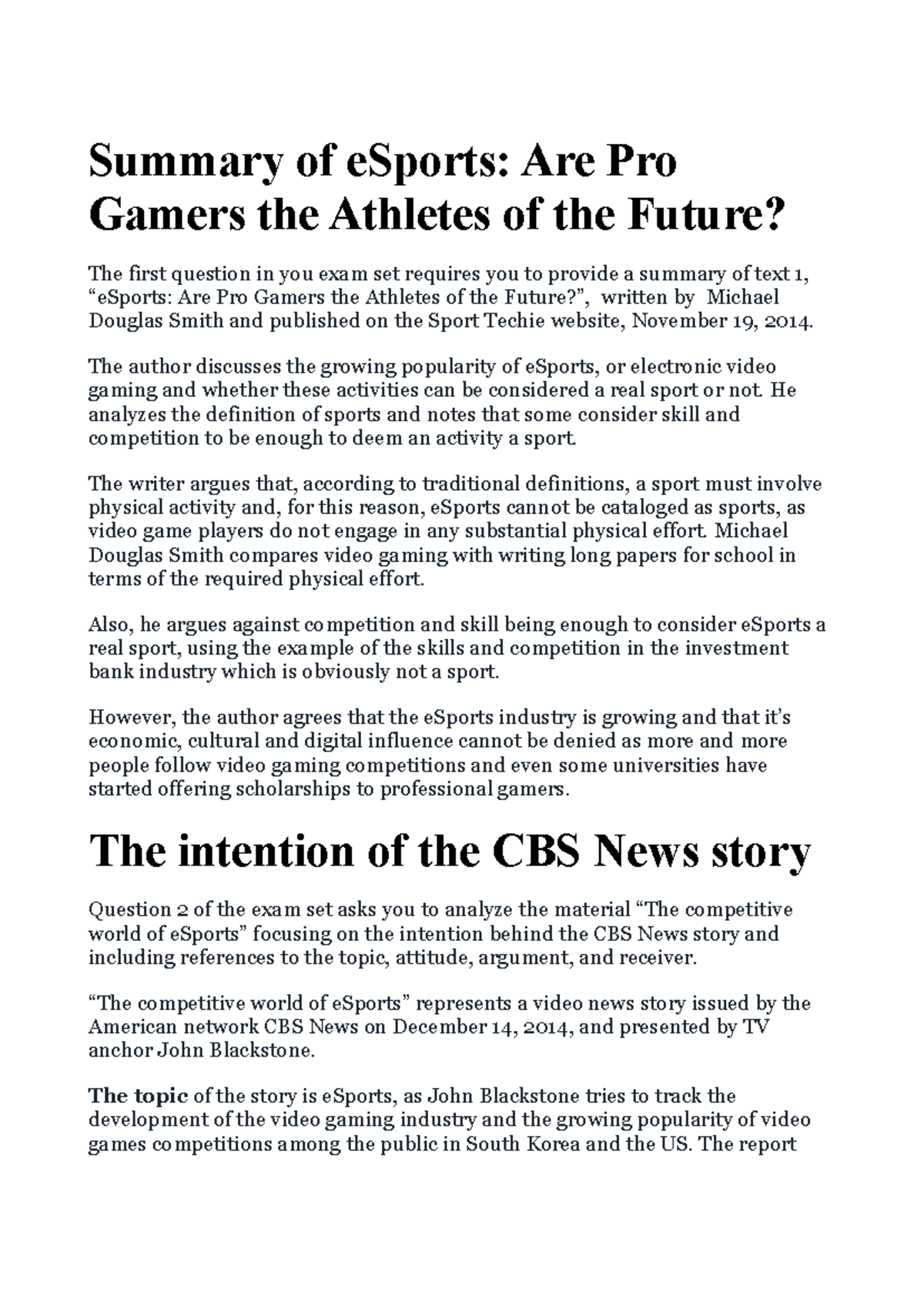 E Sports: Are Pro Gamers the Athletes of the Future? Analysis and ...