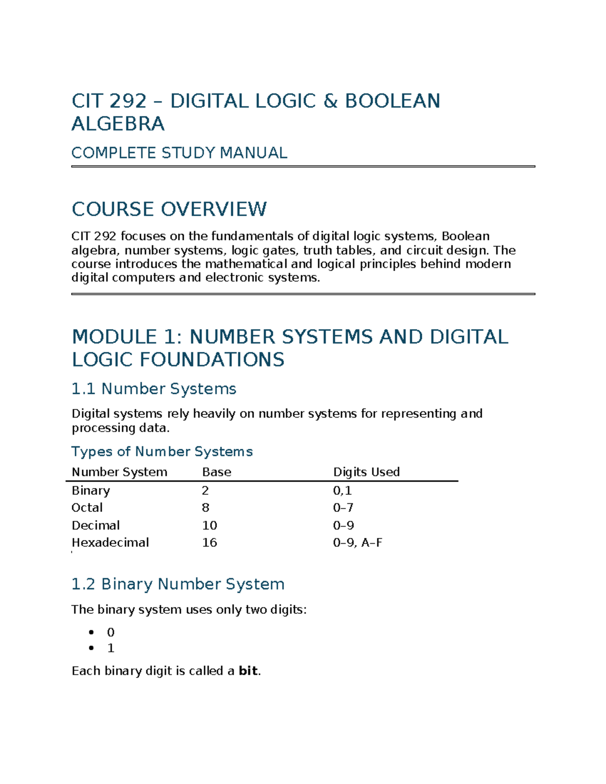 CIT 292 Digital Logic & Boolean Algebra Study Manual - Studocu