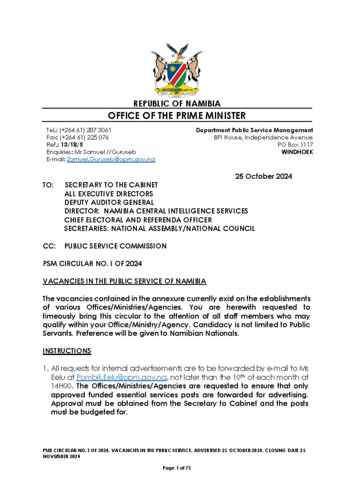 PSM Circular No. I of 2024: Vacancies in Namibia's Public Service - Studocu