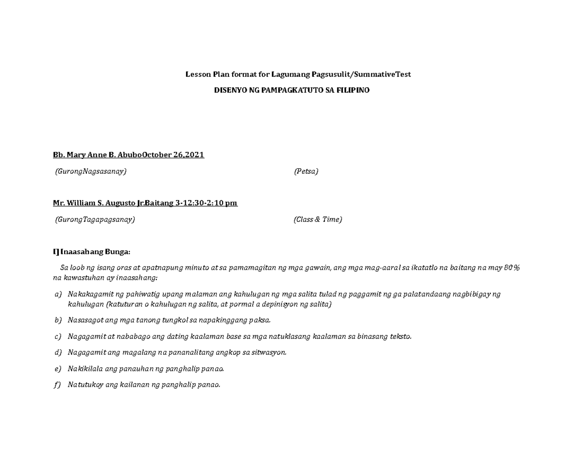 ,,6 - None - Lesson Plan format for Lagumang Pagsusulit/SummativeTest ...