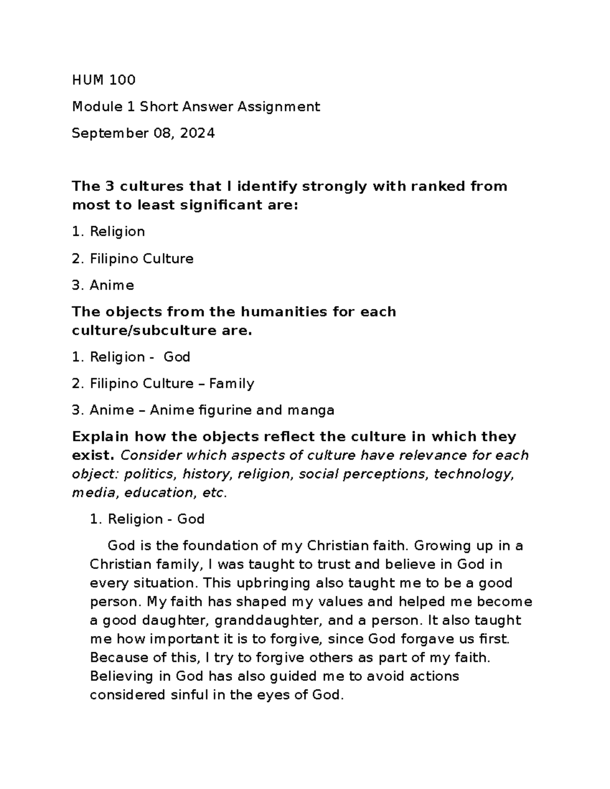 HUM 100 Module 1 Short Answer Assignment on Cultural Identity - Studocu