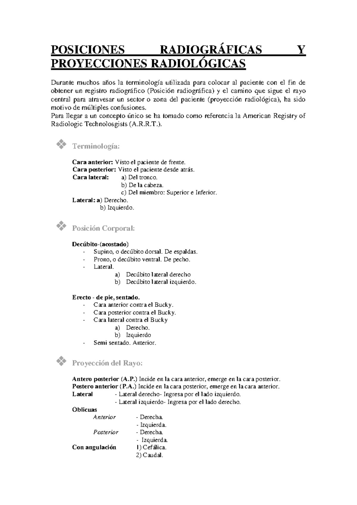 Posiciones y Proyecciones Radiológicas: Guía Completa A.R.R.T. - Studocu