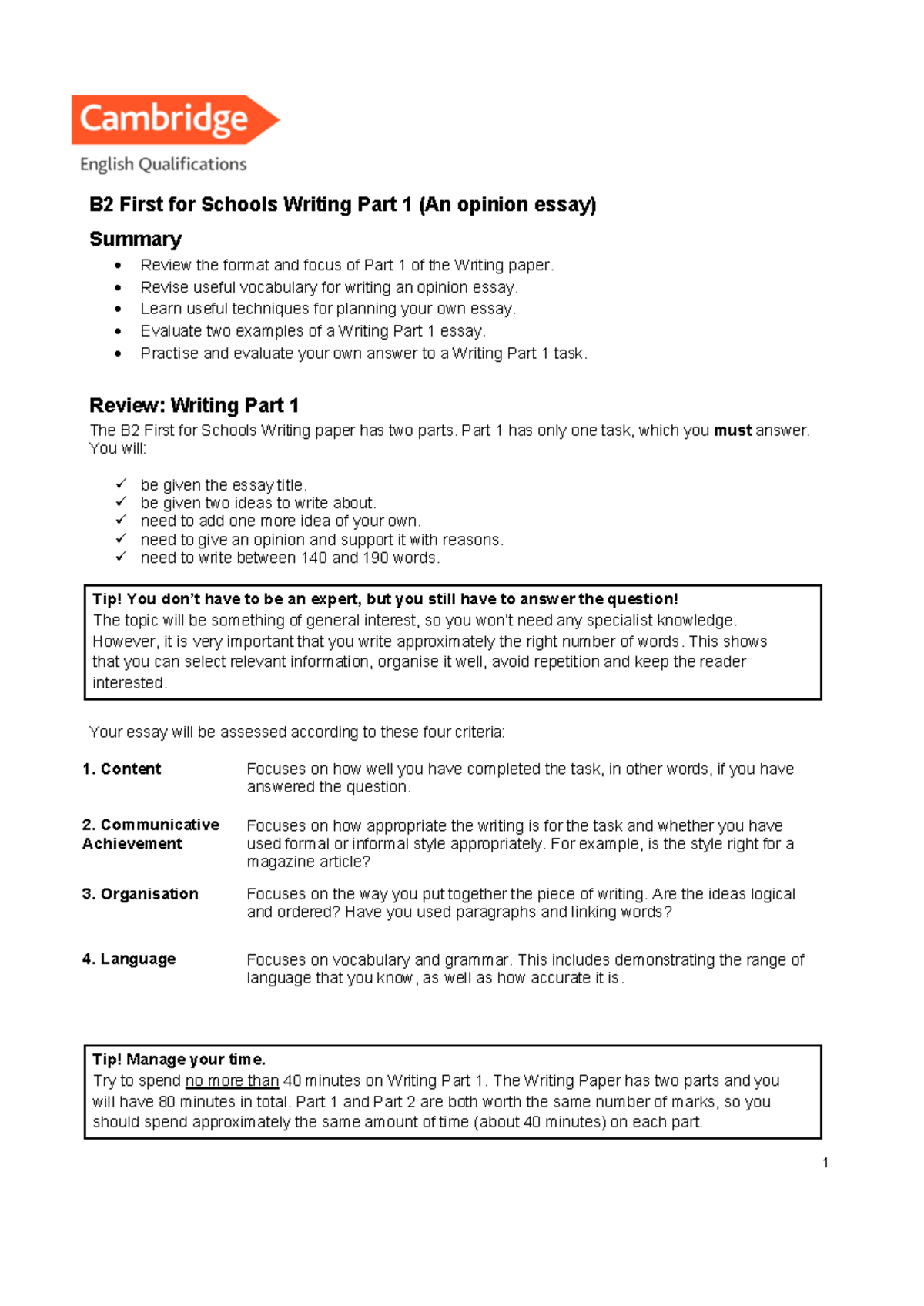 Cambridge B2 First Writing Part 1: Opinion Essay Guide & Tips - Studocu