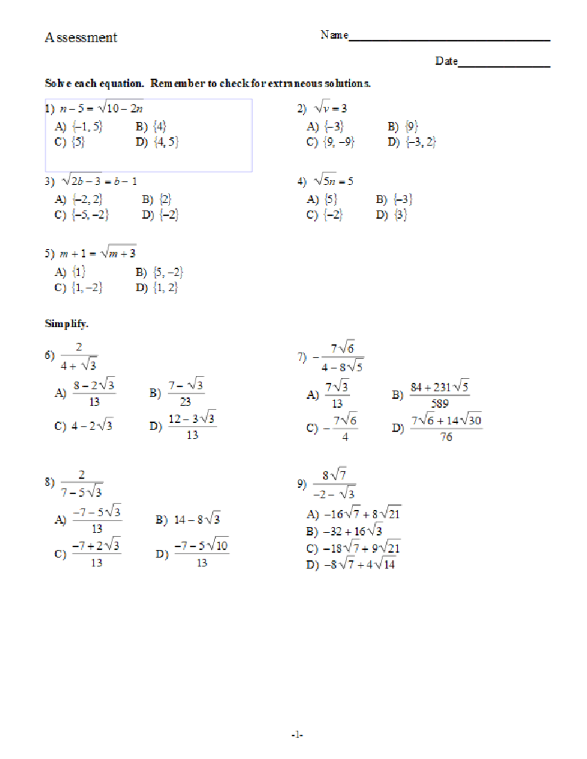 DEMI - Assessment - Digital SAT Reviewer: Solve Equations & Simplify ...
