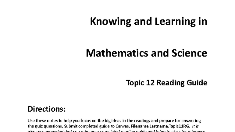 Knowing and Learning in Mathematics and Science Topic 11 Reading Guide ...