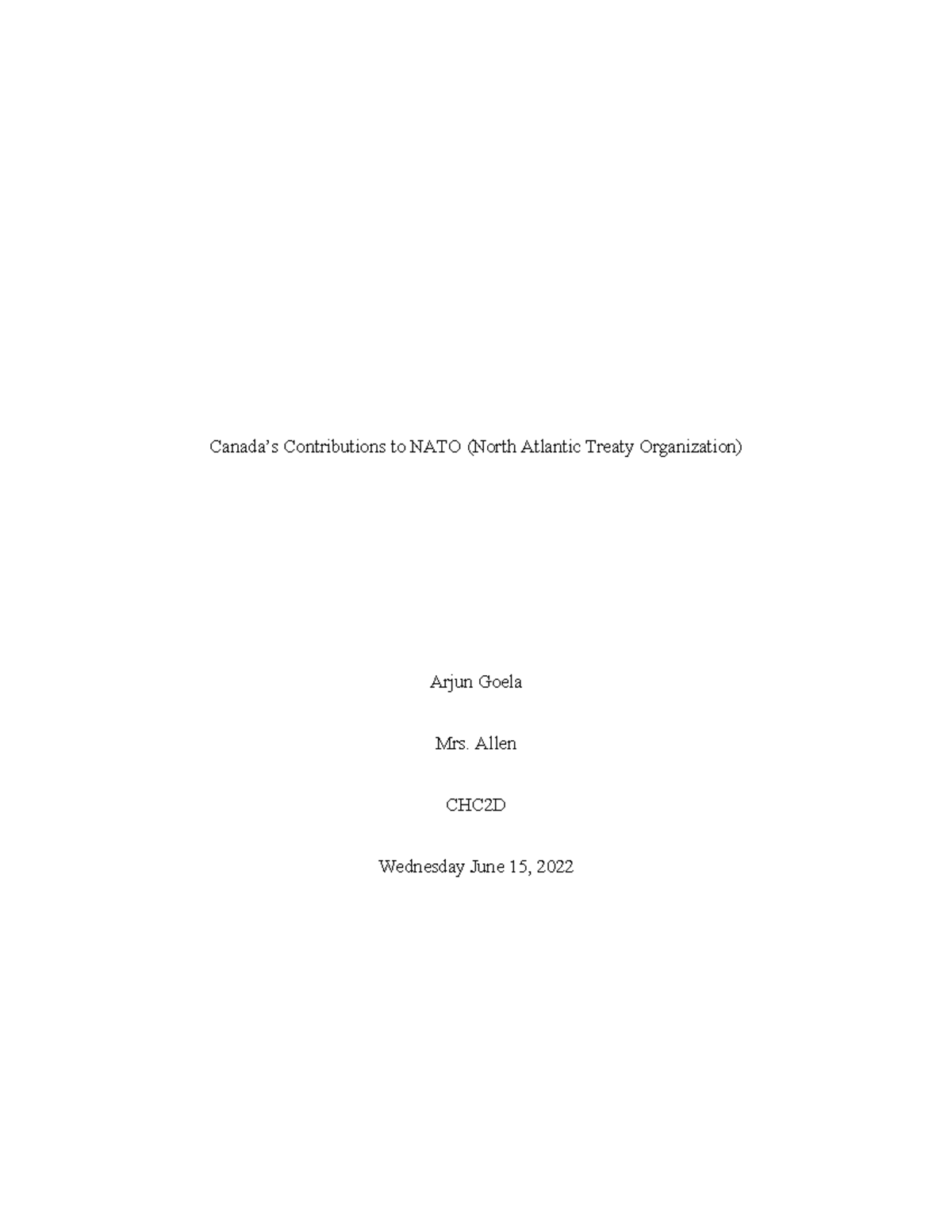 CHC2D History Essay: Canada's Contributions to NATO - Studocu